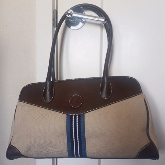 Chaps | Bags | Chaps 9s Retro Cream Canvas Brown Faux Leather Blue ...